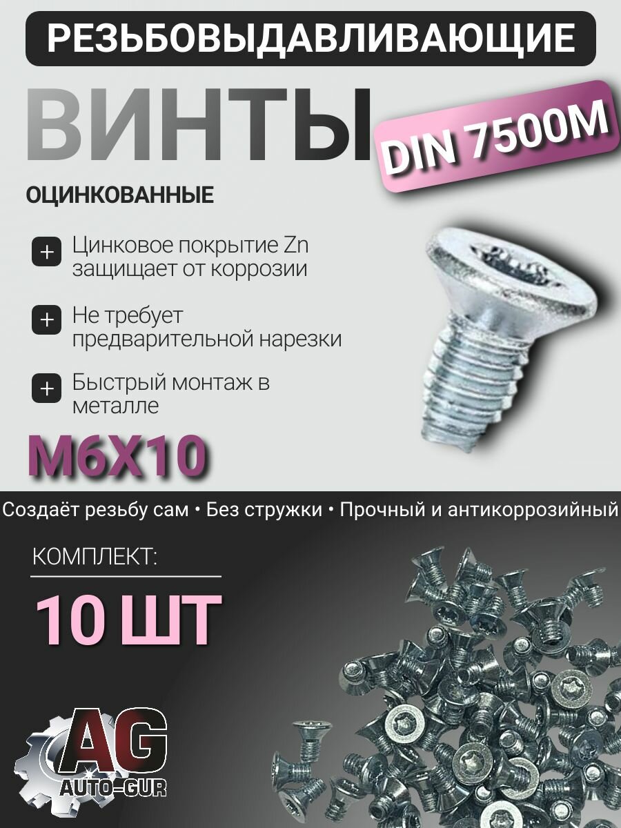 Винт резьбовыдавливающий DIN 7500M M6х10, оцинкованный, головка TORX комплект 10 шт