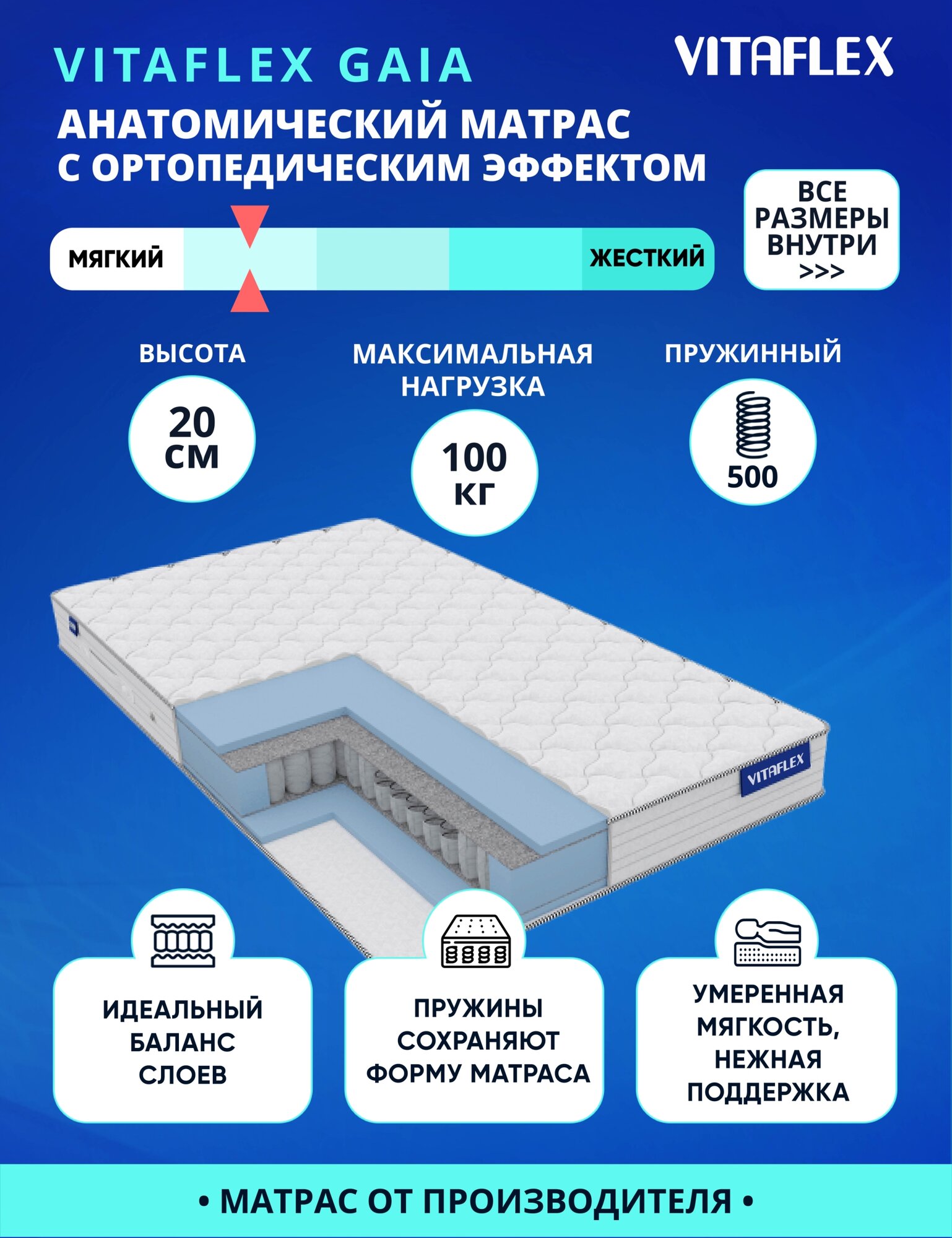 Матрас Vitaflex Gaia 70х190 серии Lux высота 20 см анатомический средней жесткости Независимые пружины