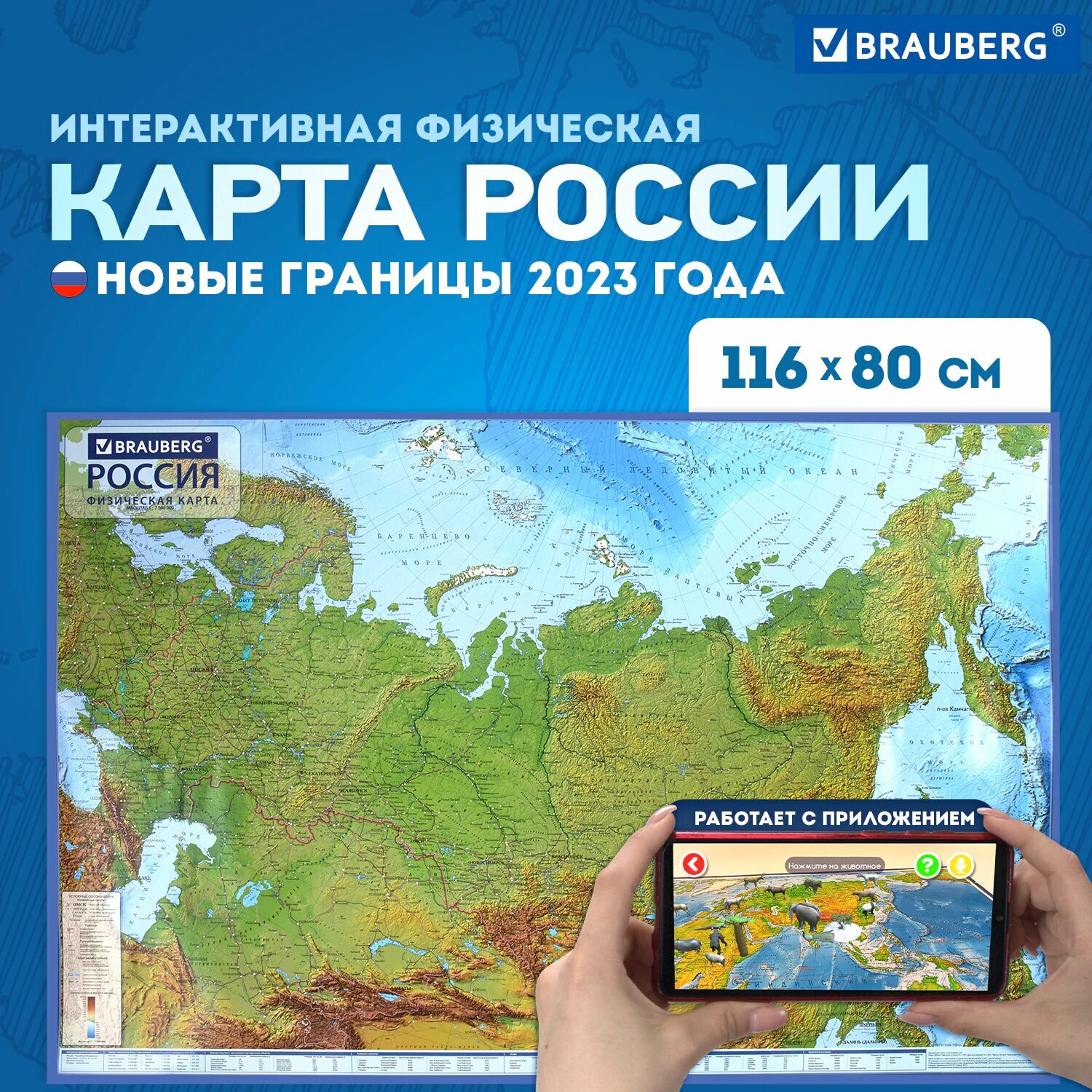 Карта России физическая 11680 см, 1:7,5М, с ламинацией, интерактивная, европодвес, BRAUBERG, 112393