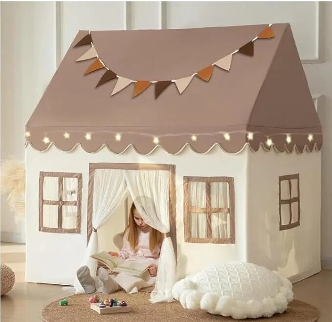 Детский домик с мягким ковриком, светодиодной подсветкой и декором, игровой домик для детей, палатка для малышей, мебель для игровой комнаты в нейтральных тонах (батарейки не входят в комплект)