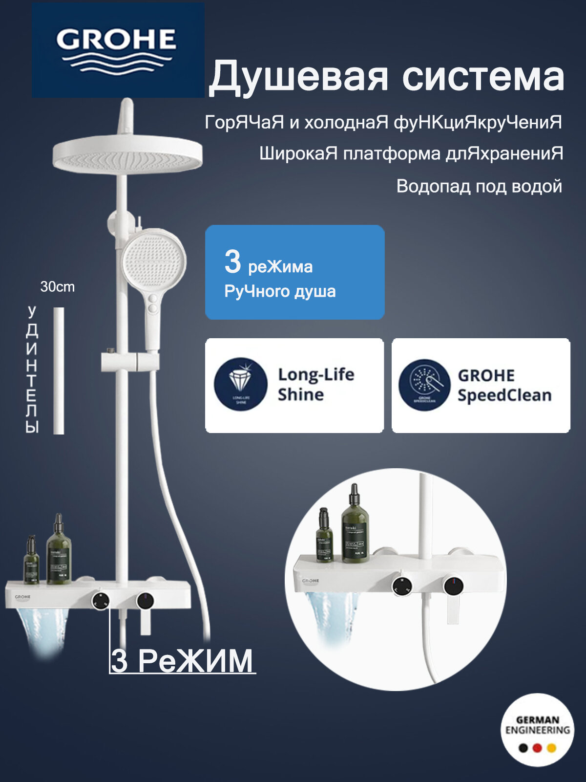 GROHE Душевой комплект ШирокаЯ платформа длЯхранениЯ Ручной душ под давлением