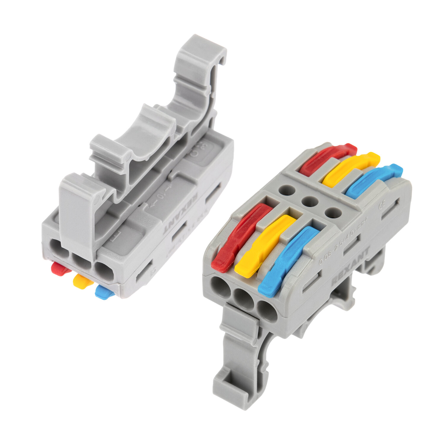 Клемма СМК REXANT 222-423D проходная 3-полюсная, с креплением на DIN-рейку 0,08-4 мм², серая, 5 шт.