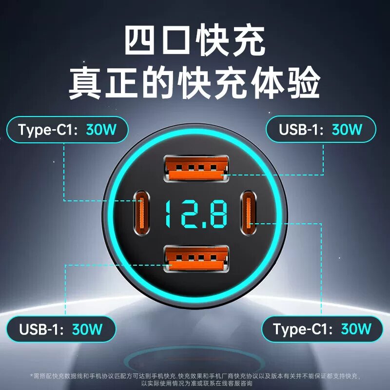Универсальный автомобильный зарядный устройство с 4 портами 120 Вт, USB-C PD и цифровым дисплеем для транспортных