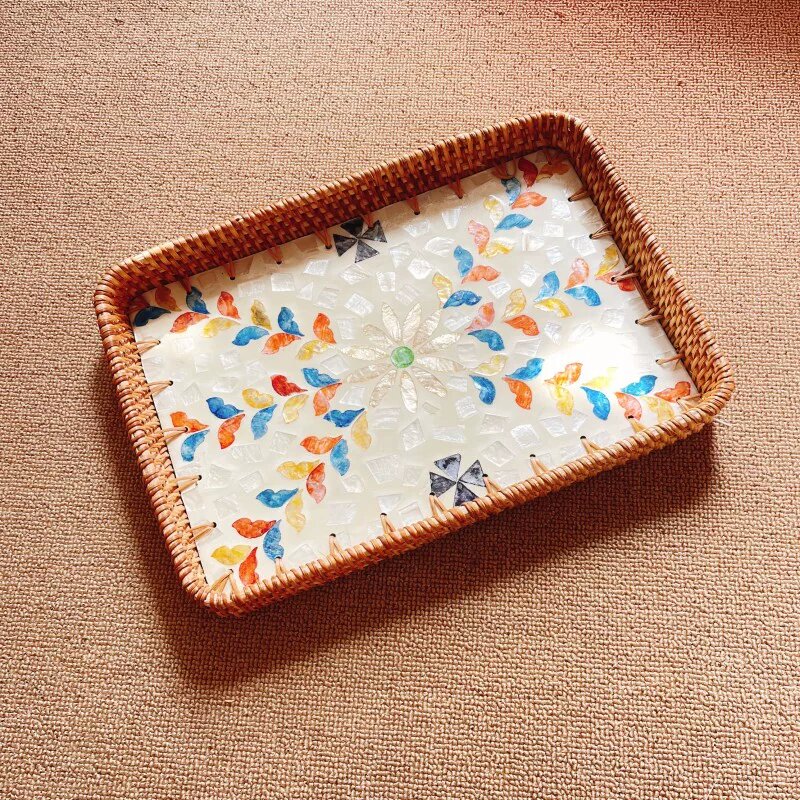 Ручная плетеная квадратная корзина для фруктов и хлеба с фиолетово-золотым узором, малый размер 28x18x4см