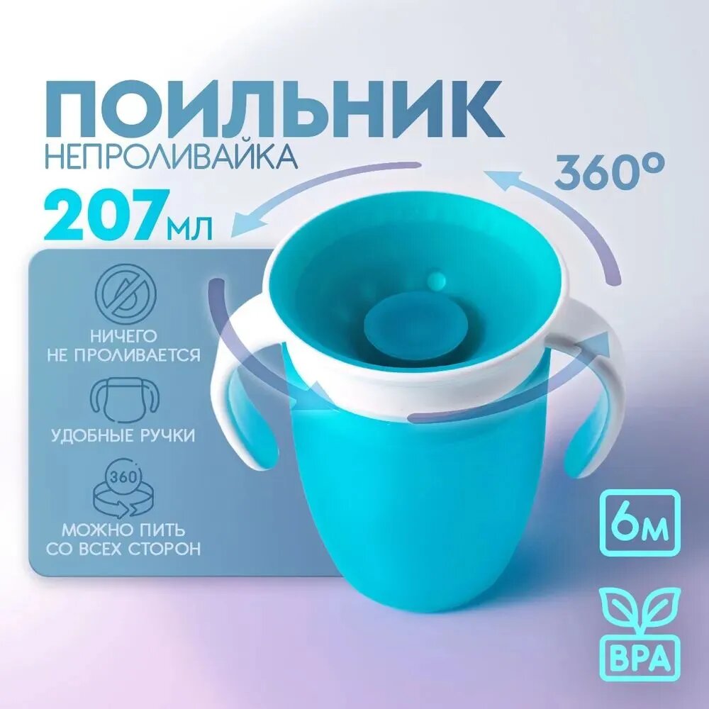 Поильник детский непроливайка 360, с ручками. Кружка стакан непроливайка для детей, Объем 207 мл. Размер 11х10.5 см. Цвет голубой.