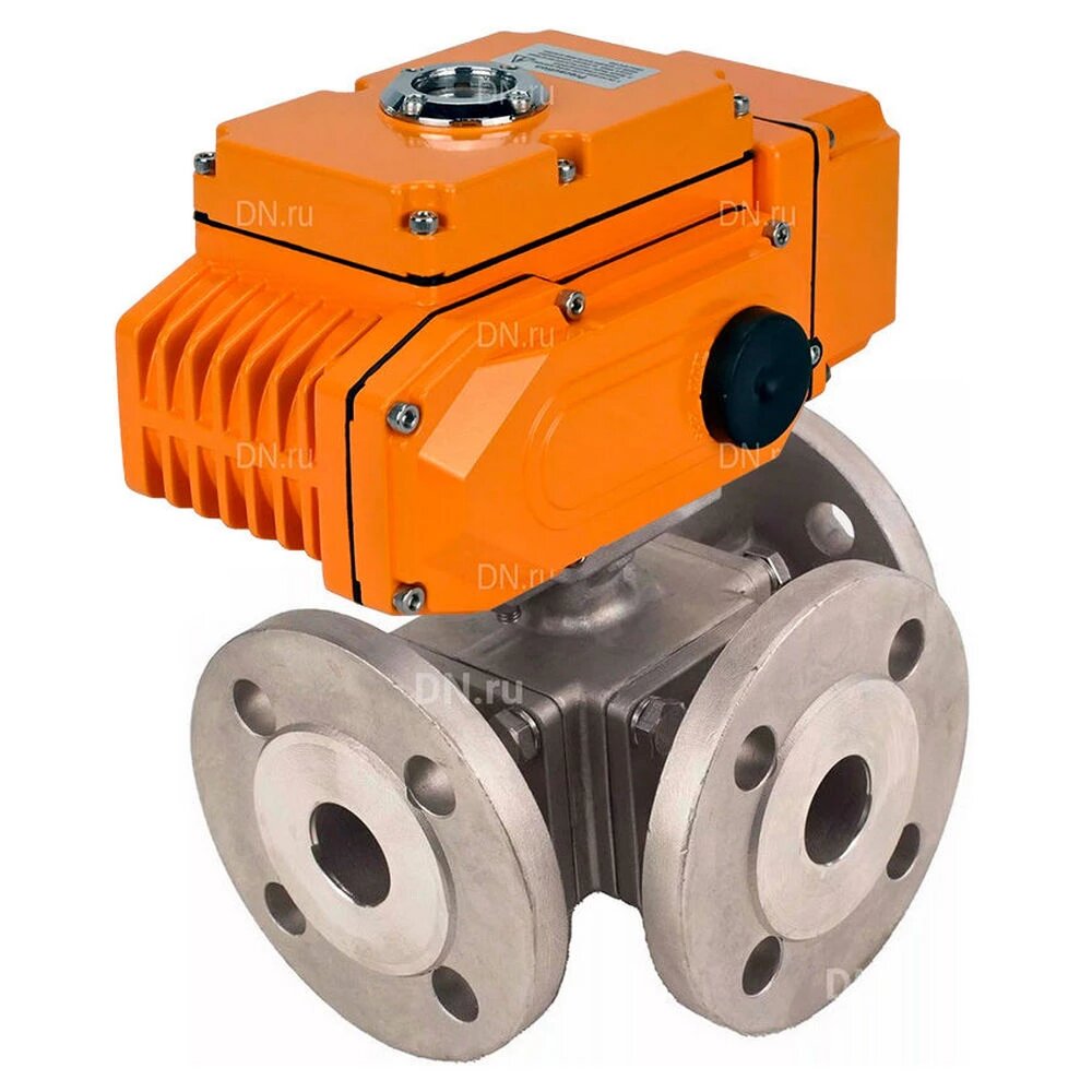 Кран шаровой DN.ru 316-316-PTFE L-тип Ду80 Ру16 полнопроходной трехходовой, нержавеющая сталь SS316, фланцевый, уплотнение - PTFE, с электроприводом четвертьоборотным DN. ru QT-030-220-0-10В