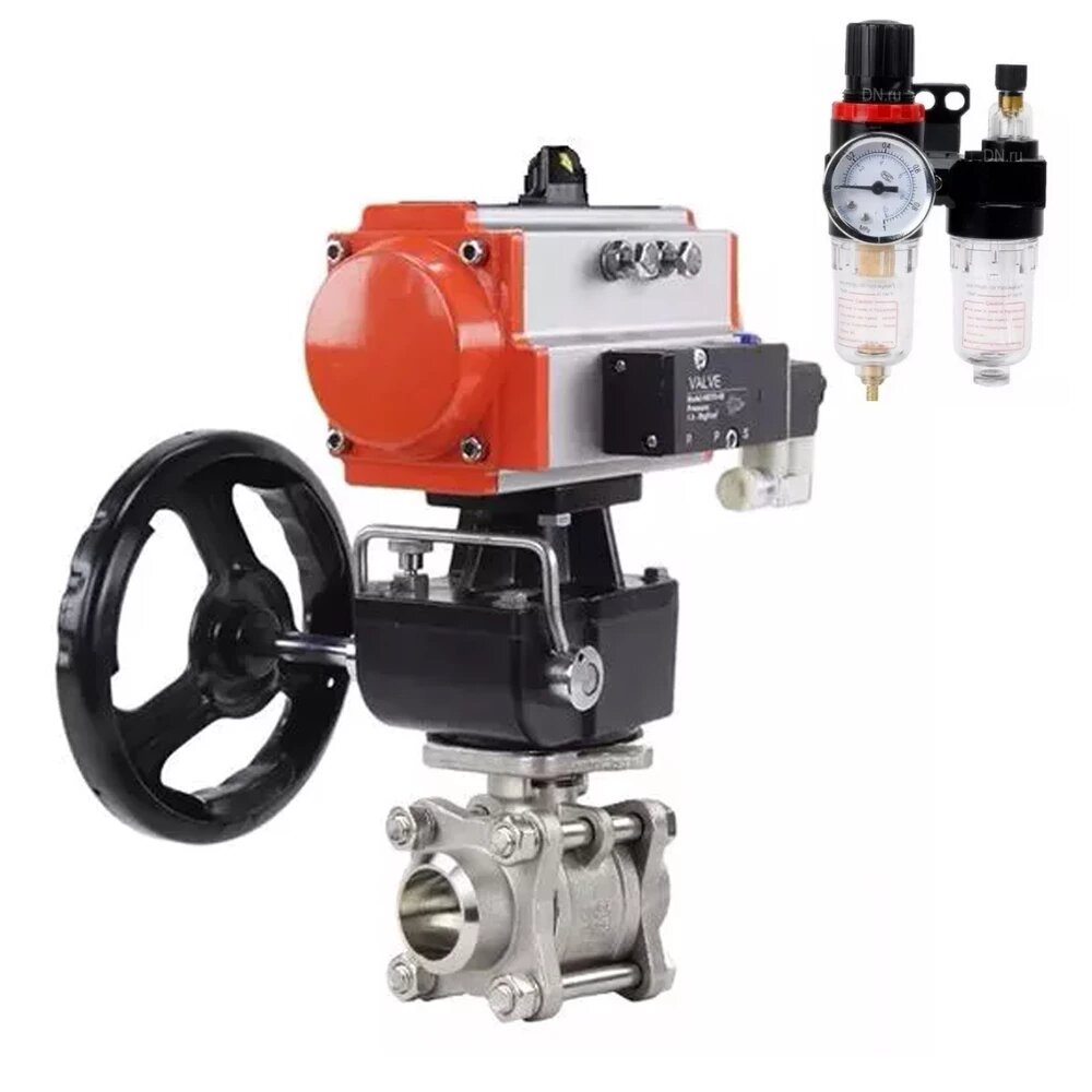 Кран шаровой DN.ru кшпп 316.200-ISO Ду65 Ру25, полнопроходной, трехсоставной, нержавеющая сталь 316, уплотнение - PTFE, под приварку, с пневмоприводом DA-083, пневмораспределителем PND1-S2EM-52-2-T10-220VAC, ручным дублером HDM-2, БПВ APU1-10-40-V08