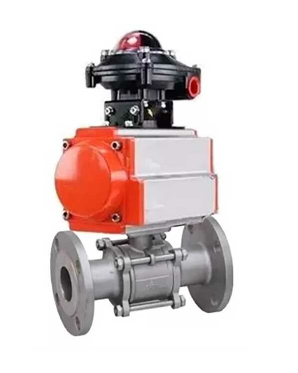 Кран шаровой DN.ru кшфпт 304.180 Ду50 Ру40 фланцевый, полнопроходной, трехсоставной, корпус - нержавеющая сталь 304, уплотнение - PTFE, с пневмоприводом DA-065 и БКВ LSB-510-02ExM12-250 (опрессовано)