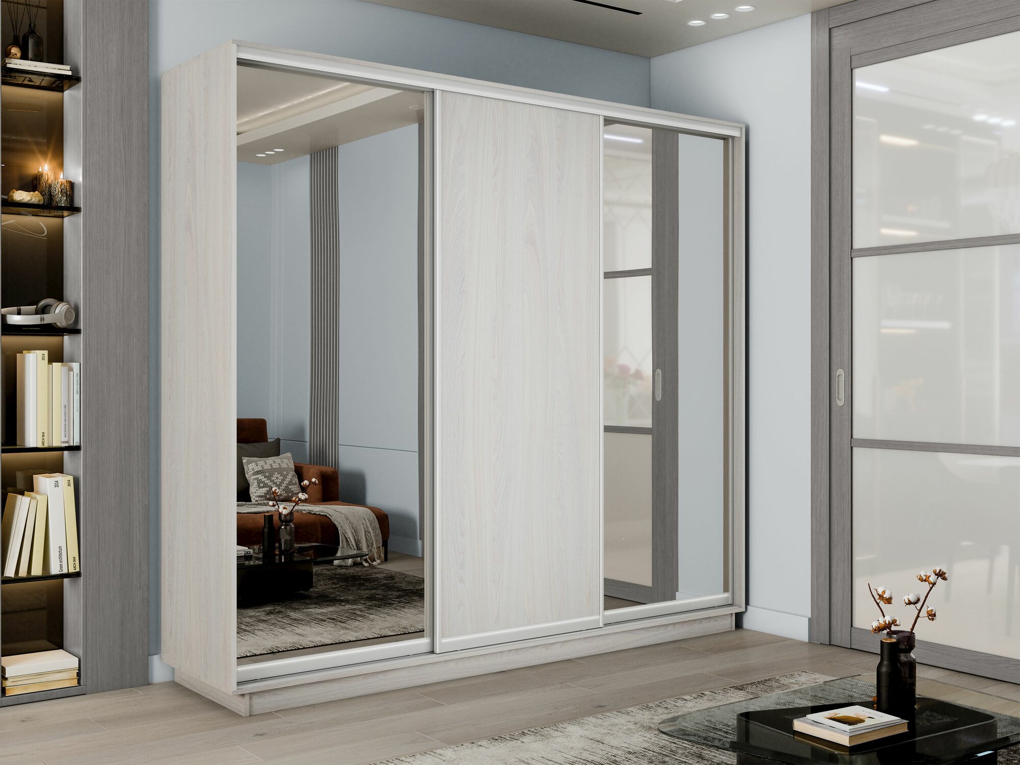 Шкаф купе Вилли 3-х дверный ЛДСП, (2-зеркала/ДСП) , профиль серебро 180 см х 220 см х 45 см (Ясень анкор-светлый)