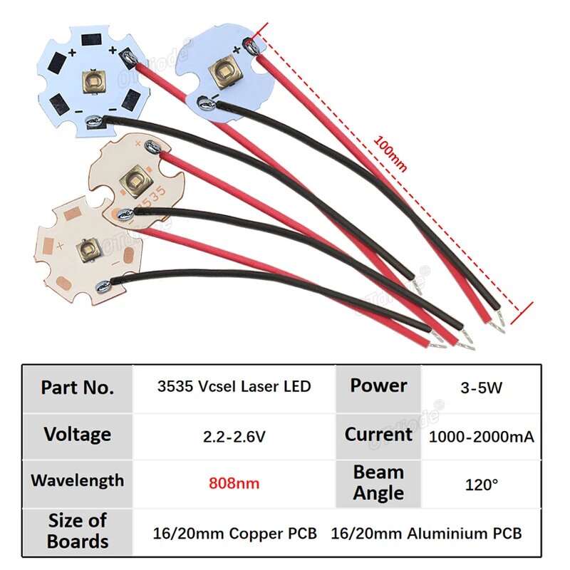Лазерный светодиод OTdiode 3Вт 5Вт 3535 ИК 3-5W 808nm-10cm Wire, On 20mm Aluminum PCB