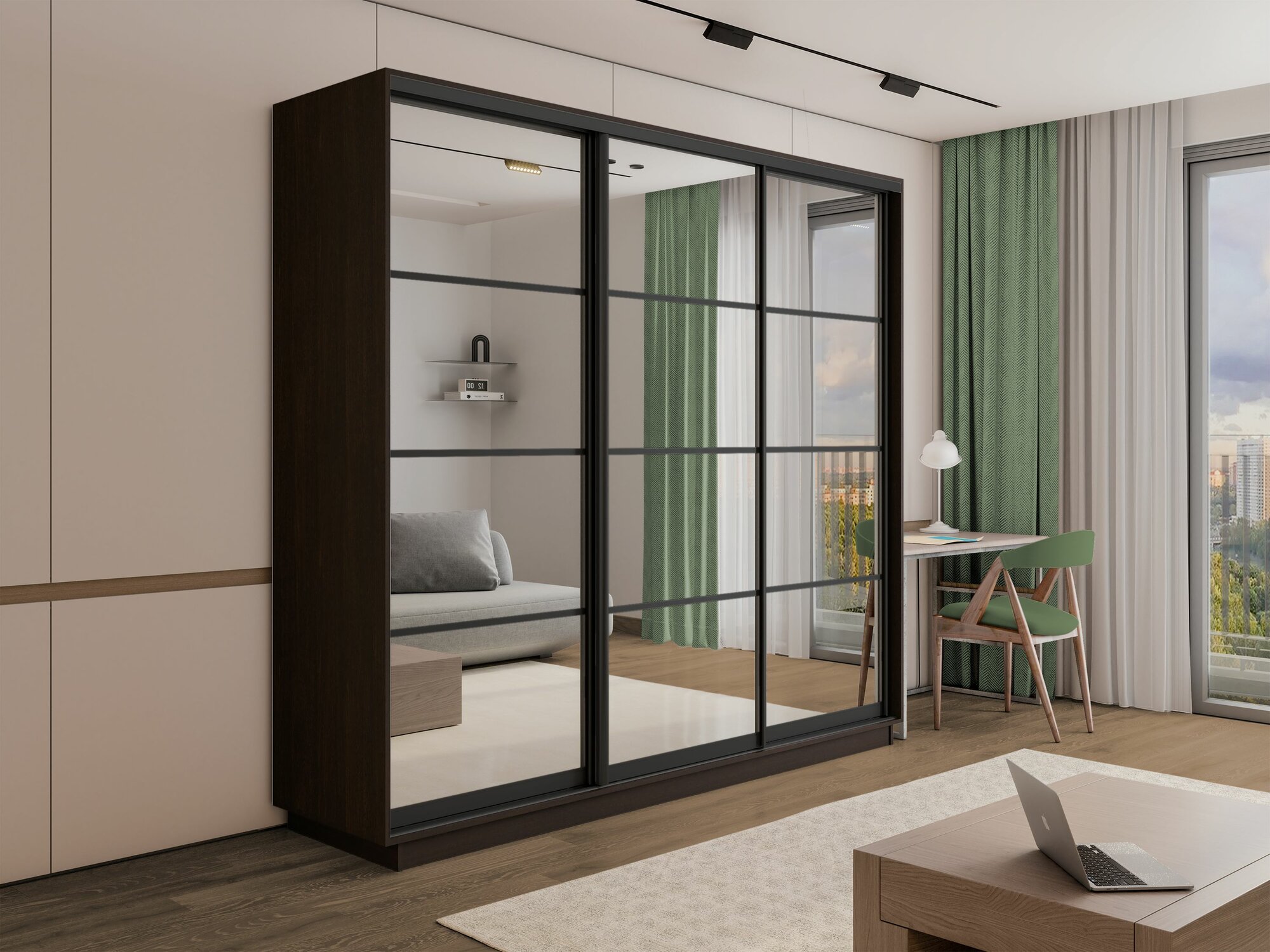 Шкаф-купе Вилли С4 3-х дверный, зеркальные двери, (черный профиль) 180х45х240 см. Венге