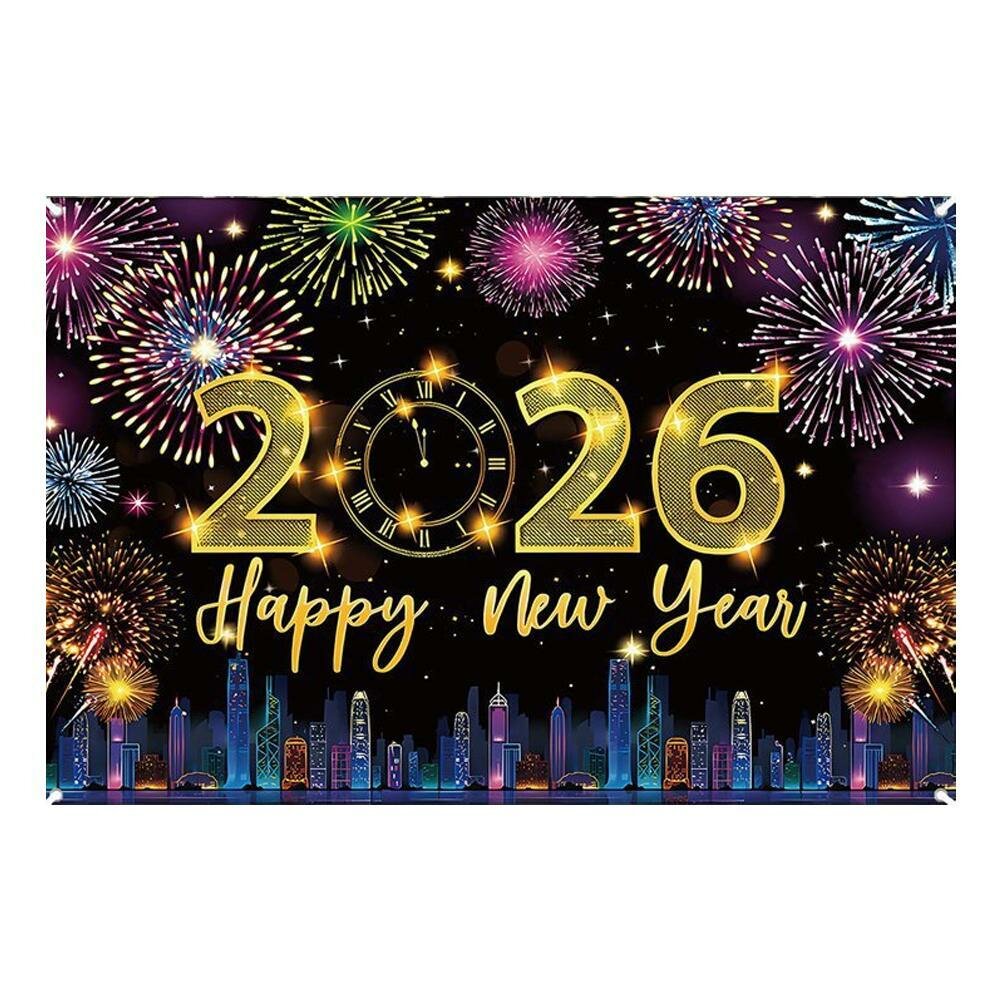 2026 New Year Flat Backdrop, Elegant Black and Gold Balloon Garland & Banner Design for New P9T7