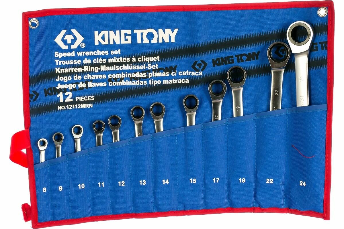 Набор комбинированных трещоточных ключей, 8-24 мм, чехол из теторона, 12 предметов KING TONY 12112MRN