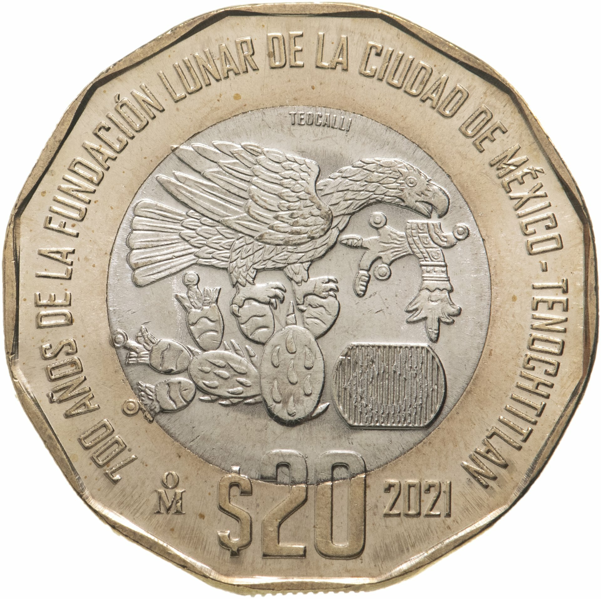 Мексика 20 песо 2021 "700-летие лунного основания города Мехико-Теночтитлан" Грифон, Биметалл, в сохранности UNC