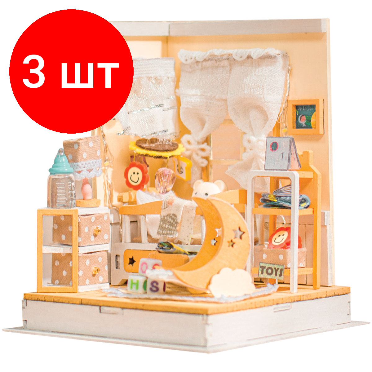 Комплект 3 шт, Сборная модель ТРИ совы, Румбокс "Комната малыша", инструменты, клей, светодиоды, батарейки, картонная коробка