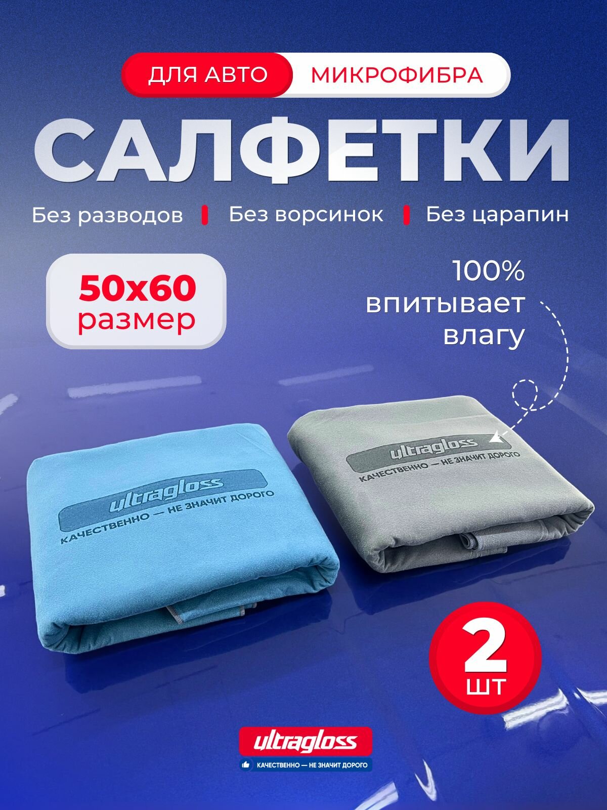 Тряпка микрофибра для авто 50х60, 2шт.
