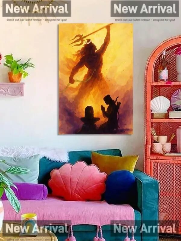 Картина "Холстовая картина с изображением бога Шивы и молящейся фигуры в атмосфере огня и света 50 х 75" 50x75 см