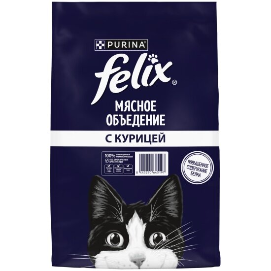 Корм сухой Felix Мясное объедение для взрослых кошек, с курицей, Мешок, 10 кг