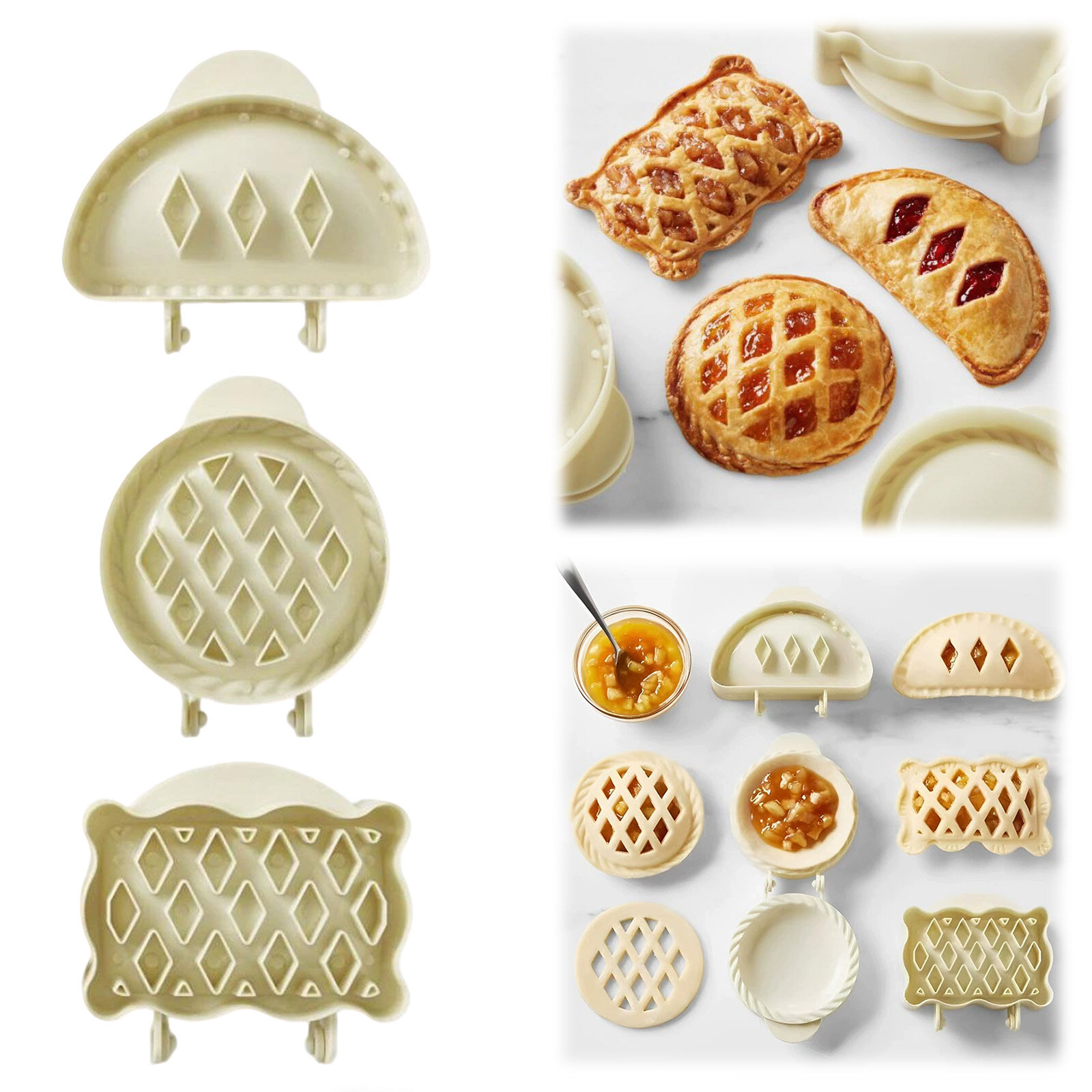Набор форм для ручной выпечки пирожков, 3 штуки, бежевый цвет, гладкие края