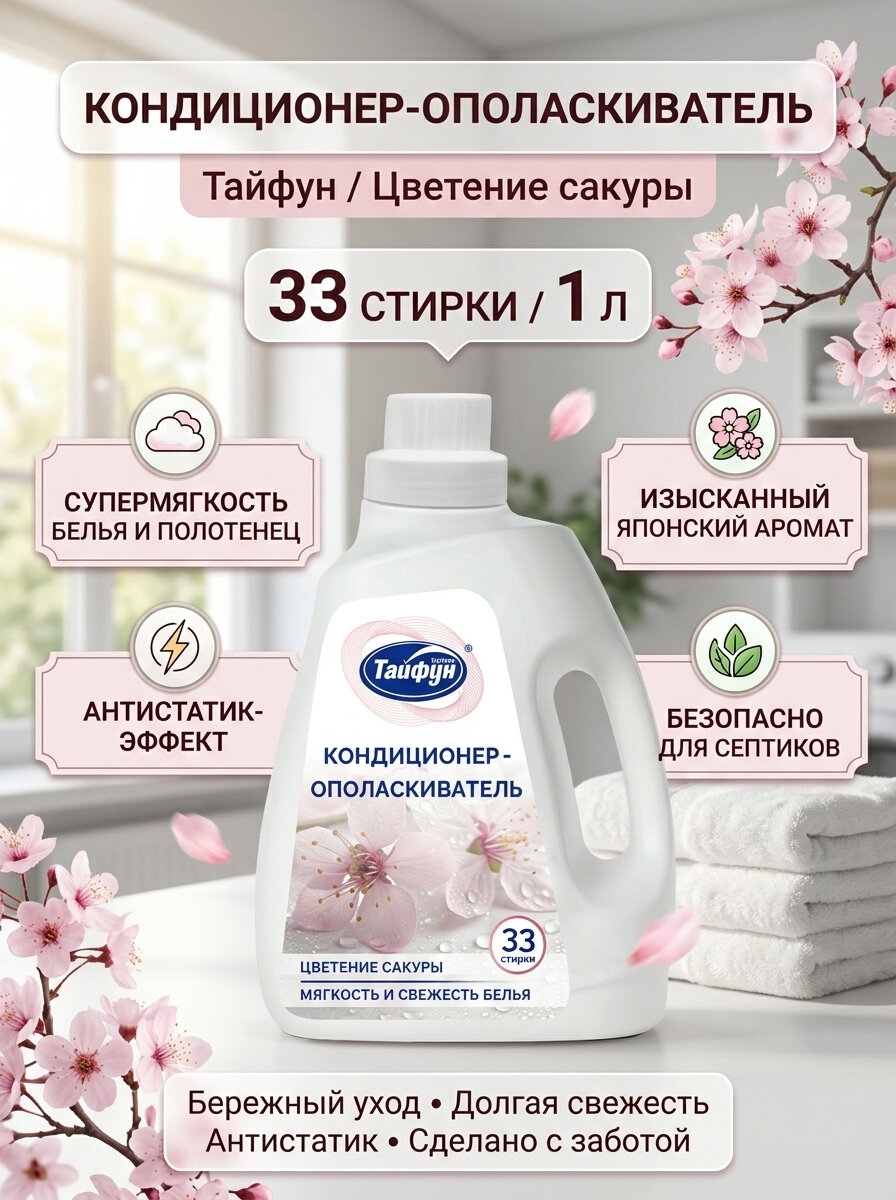 Кондиционер для белья тайфун для всех видов тканей 1 л (Цветение сакуры)