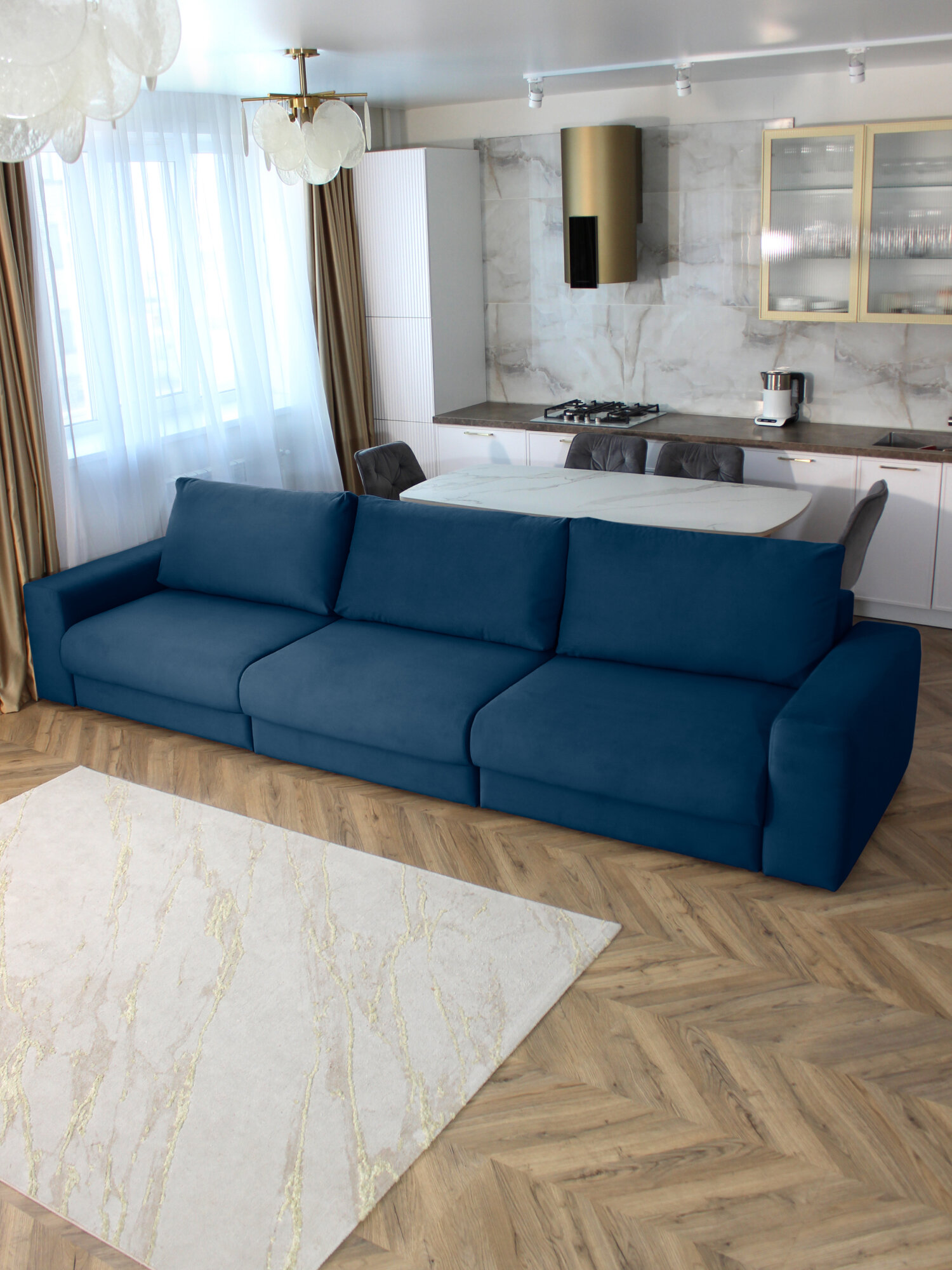 Диван-кровать Лофт синий, механизм Еврокнижка, Независимый Пружинный Блок, 350х109х65 см