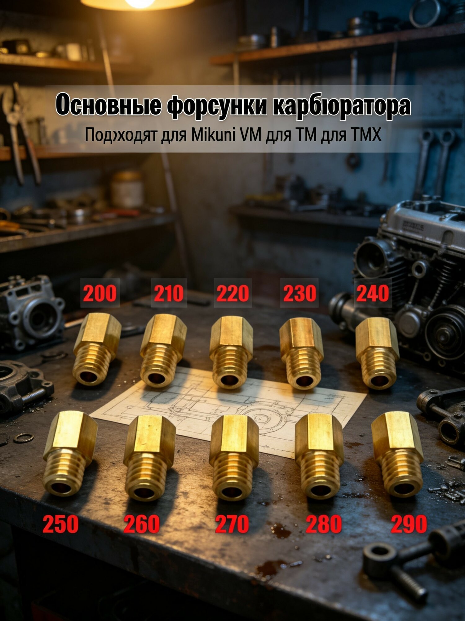 Основные форсунки карбюратора с шестигранной головкой, для Mikuni VM TM TMX 18/20/22/24/26/28/32/34/35/36/38/44, размеры 200–290, алюминий, резьба M5x0,75