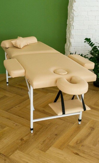 Кушетка массажная, складная, с подлокотниками и подголовником, 190 см x 70 см, бежевая