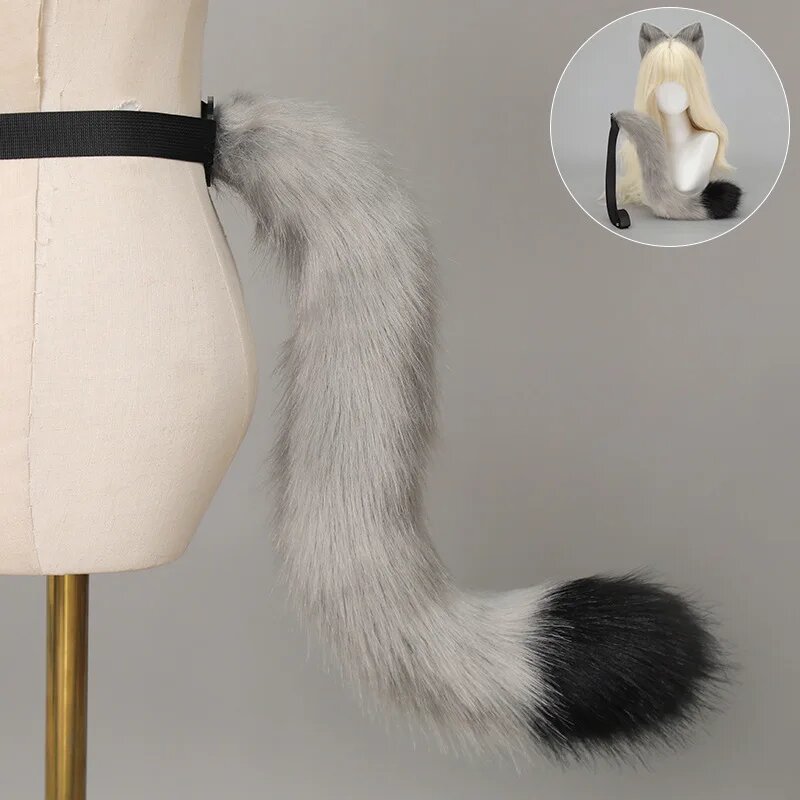 Пушистые плюшевые уши и хвост кошки Gray Black Tail