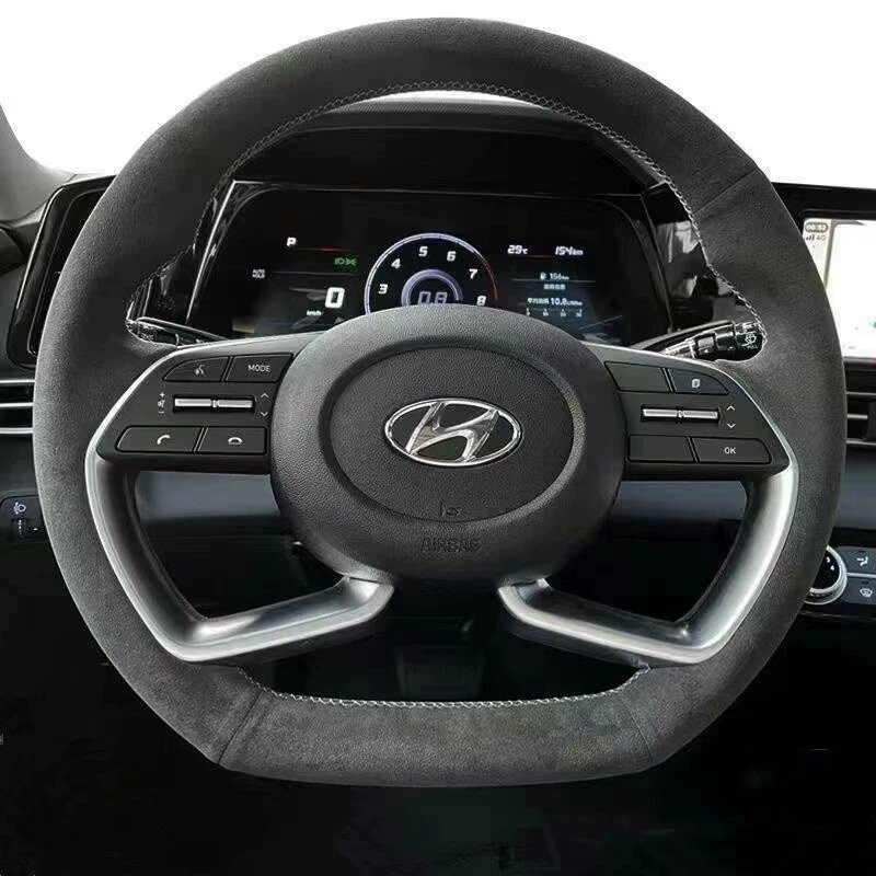Накладка на рулевое колесо Hyundai Elantra - Материал из овчины, без дырочек, белая строчка, антибактериальная