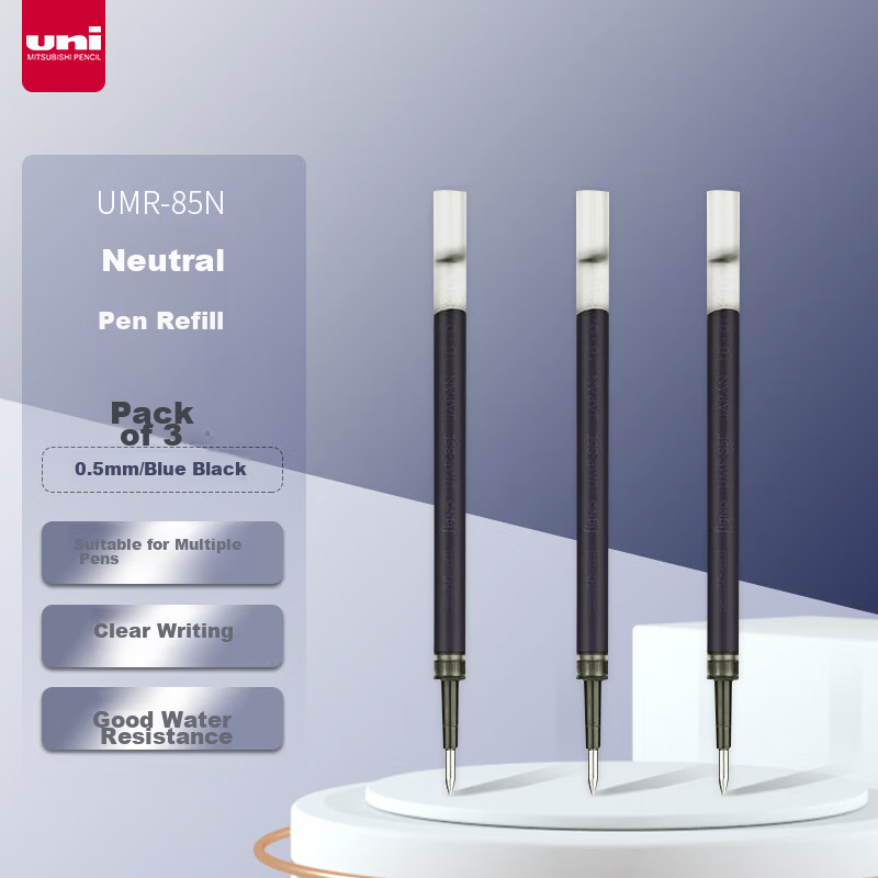 Mitsubishi Uni-ball UMR-85N Retractable Pen Refill 0.5mm Gel Ink Blue-Black Refill, Compatible with Signature Pens UMN-155 105 152 207 And Other Series, 3 Pieces