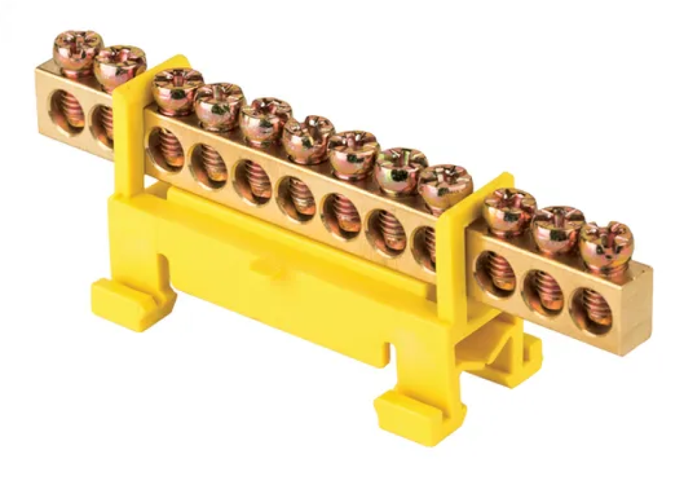 Шина EKF / ЕКФ PROxima 0 PE, 6х9мм латунь, желтый изолятор Стойка на DIN рейку, 100А 12 отверстий, sn0-63-12-sy / соединитель проводов