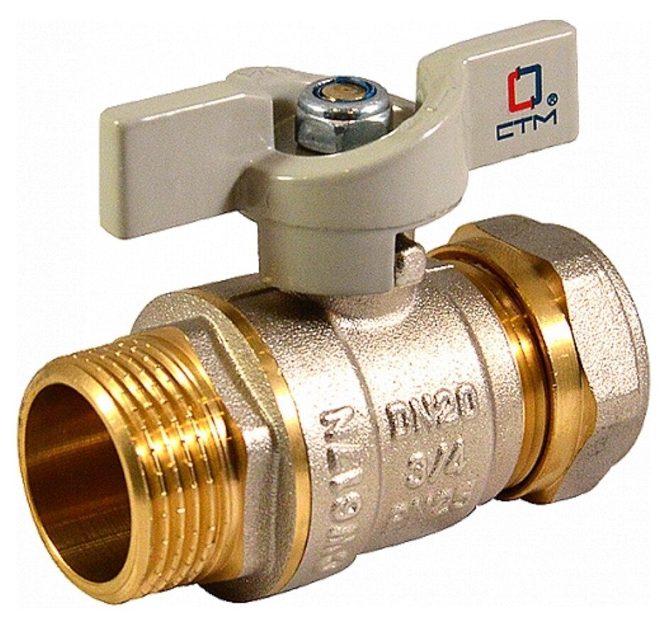 Кран шаровый для воды СТМ прямой, цанга-штуцер, ручка бабочка, латунь, цвет серый, резьба 1/2" / запорная арматура