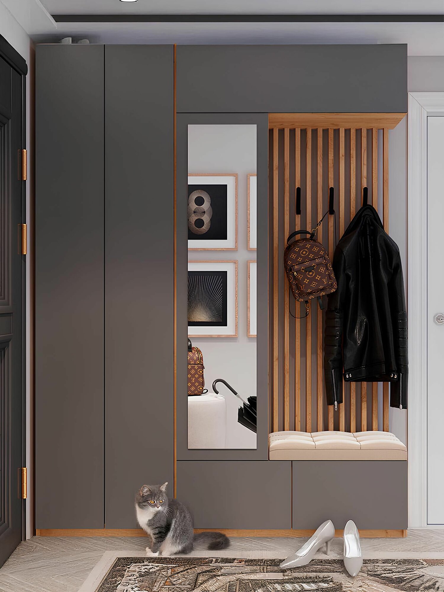 ARNIKA Прихожая в коридор с зеркалом Руэлла, 270х53х220 см, Дуб крафт золотой, Графит