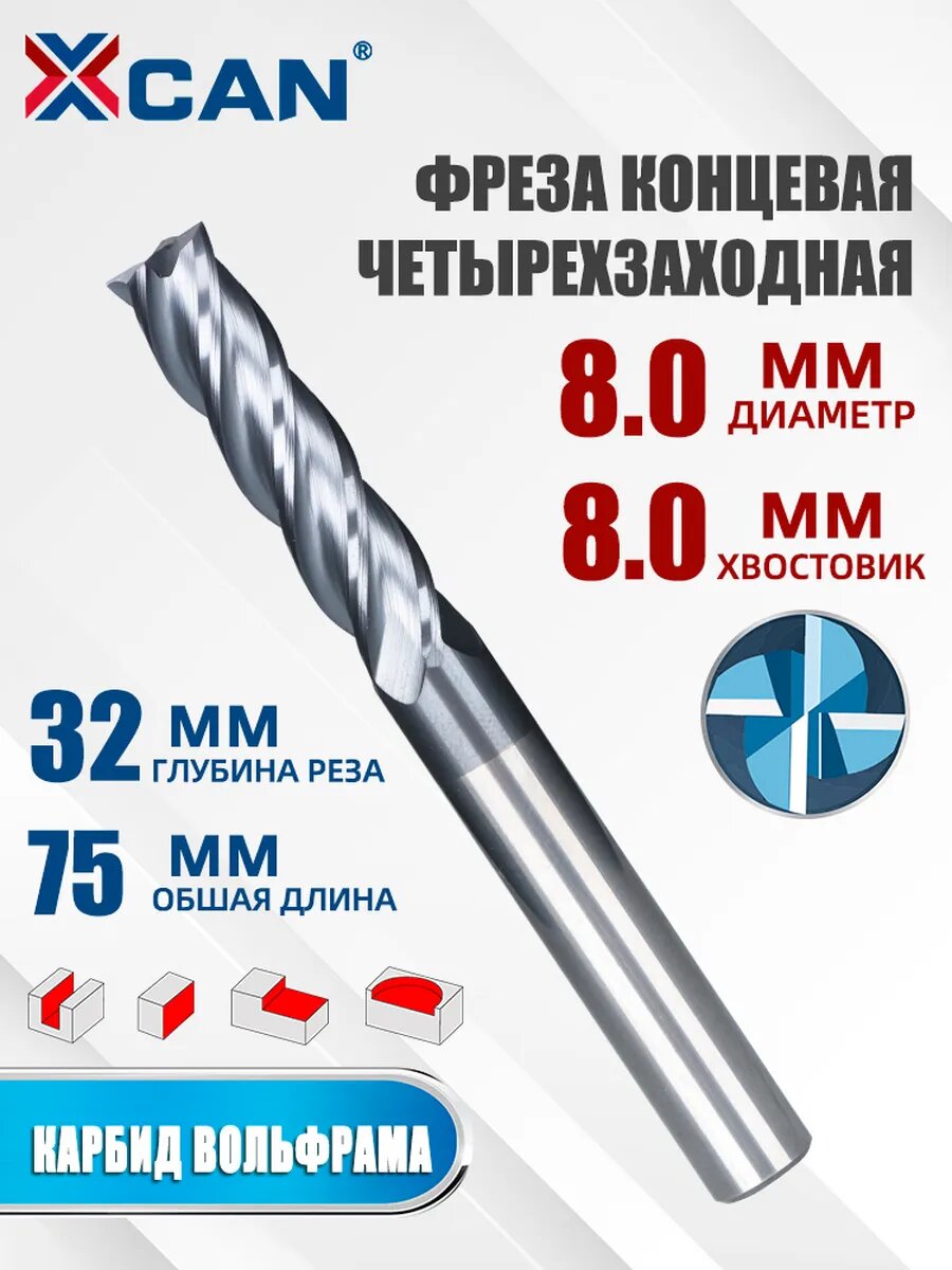 Фреза по металлу концевая 8мм твердосплавная 8x32x8x75мм