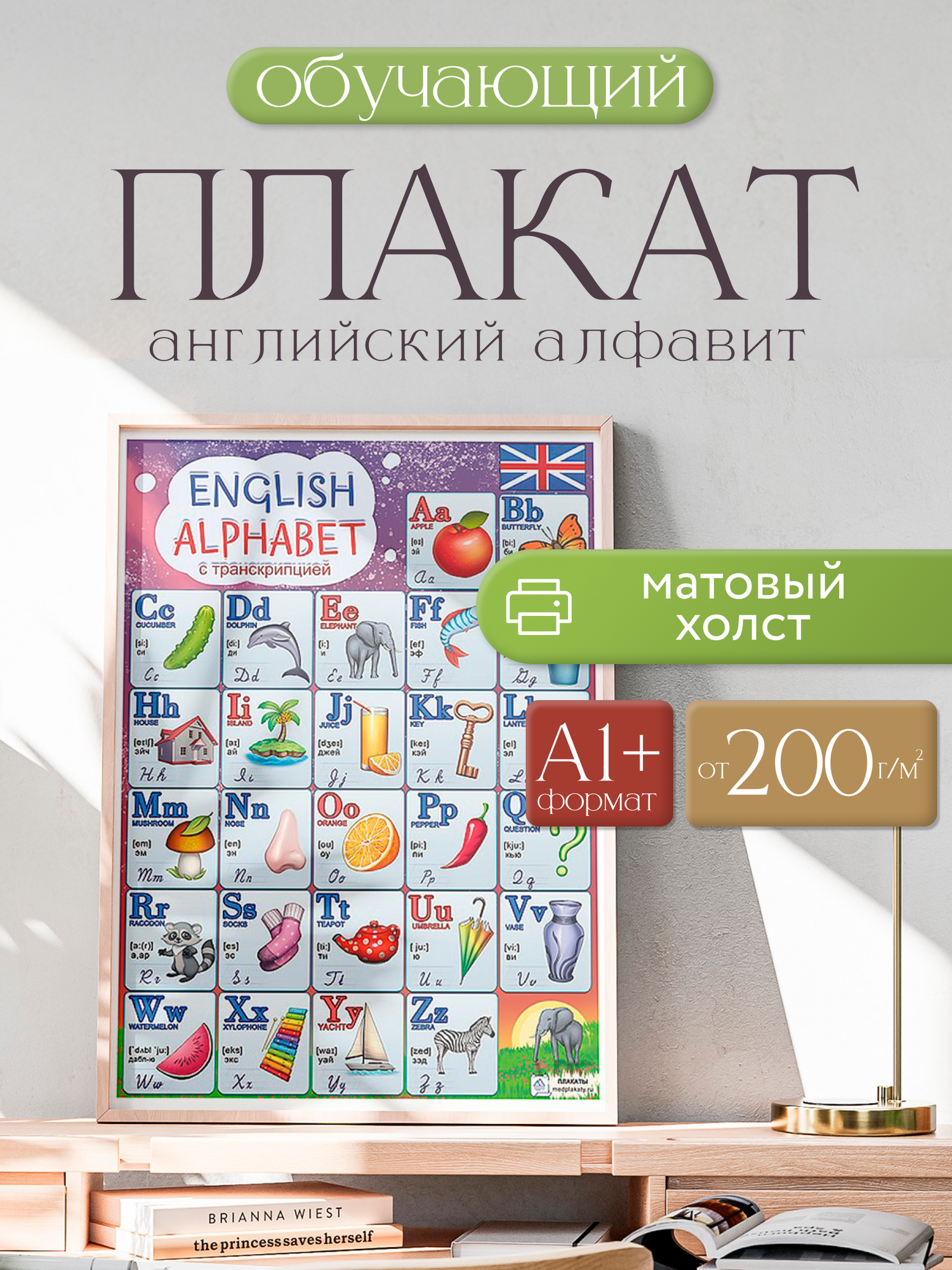 Обучающий плакат "Английский алфавит", размер А1+, матовый холст от 200г/м2