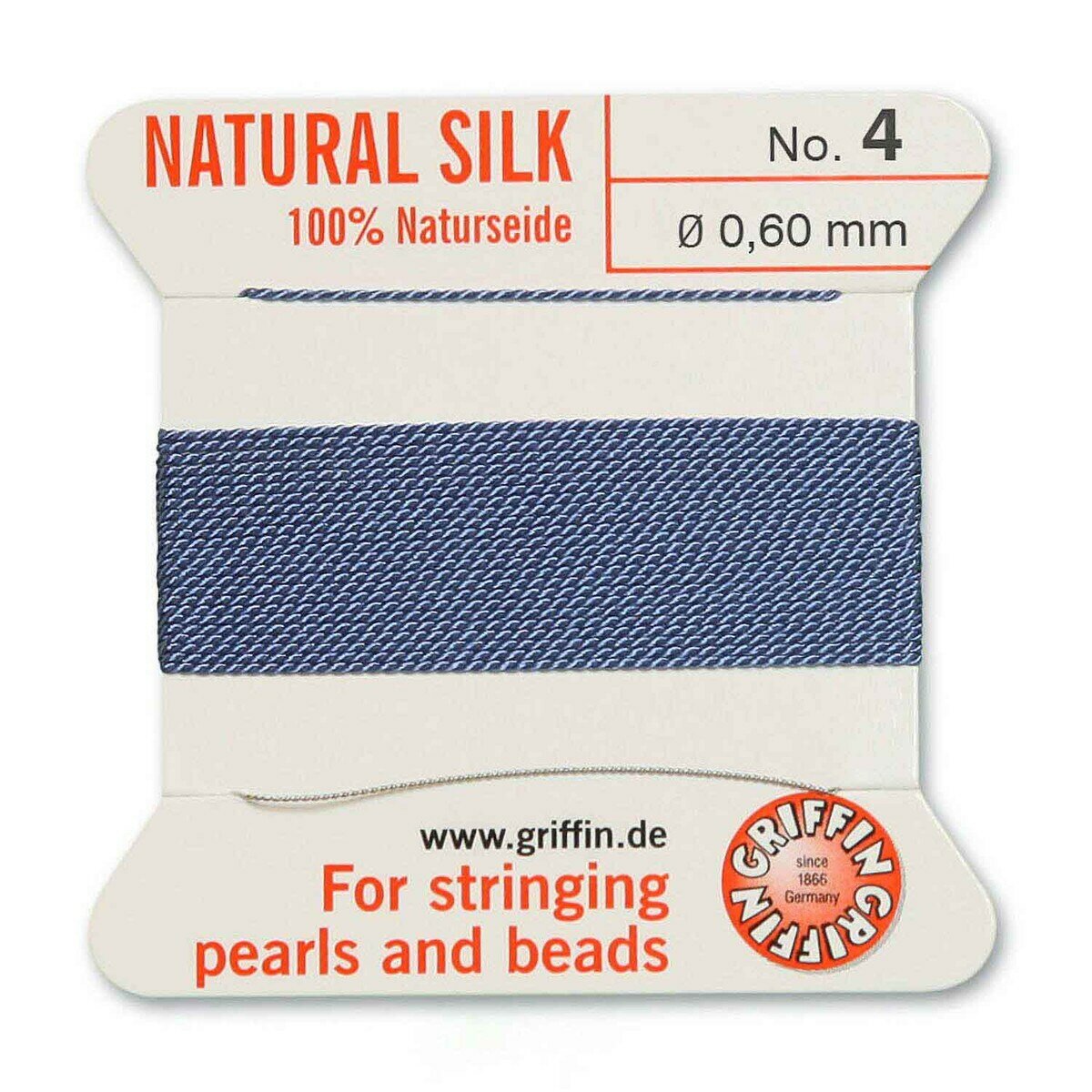 Нить шелковая, Griffin No.4 (0.6мм), голубая, с иглой, моток, 2 метра
