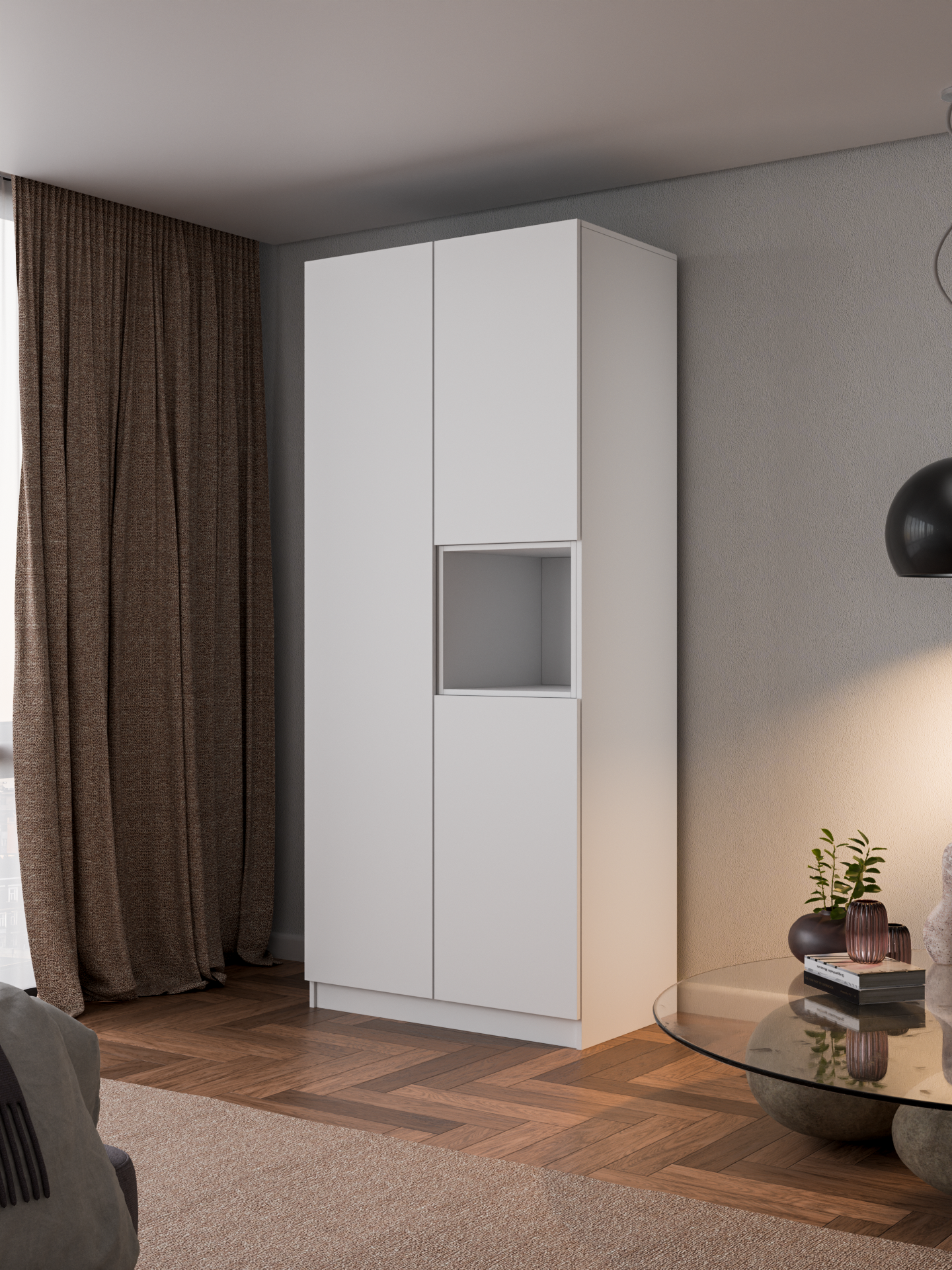 Шкаф распашной Юджин с открытой нишей | ЛДСП Белый шагрень | Механизм открывания push-to-open