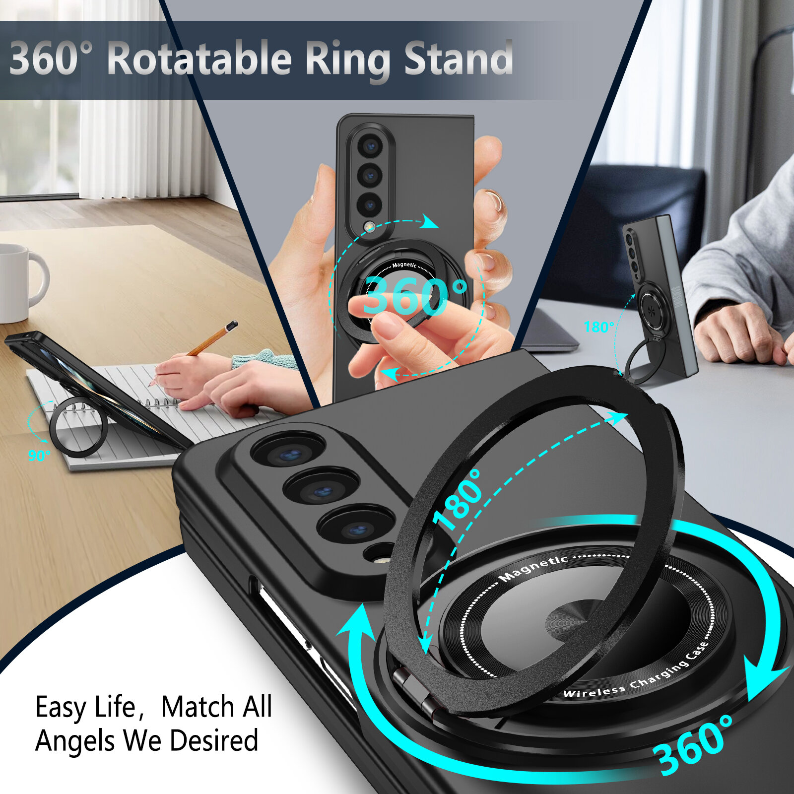 Подходит для Samsung Galaxy Z Fold3 / Самсунг Галакси Z Fold 3 Чехлы для телефонов, складной подставкой для телефона и защитной пленкой для экрана, Z Fold3, подставка, soft touch,360° Полная защита,