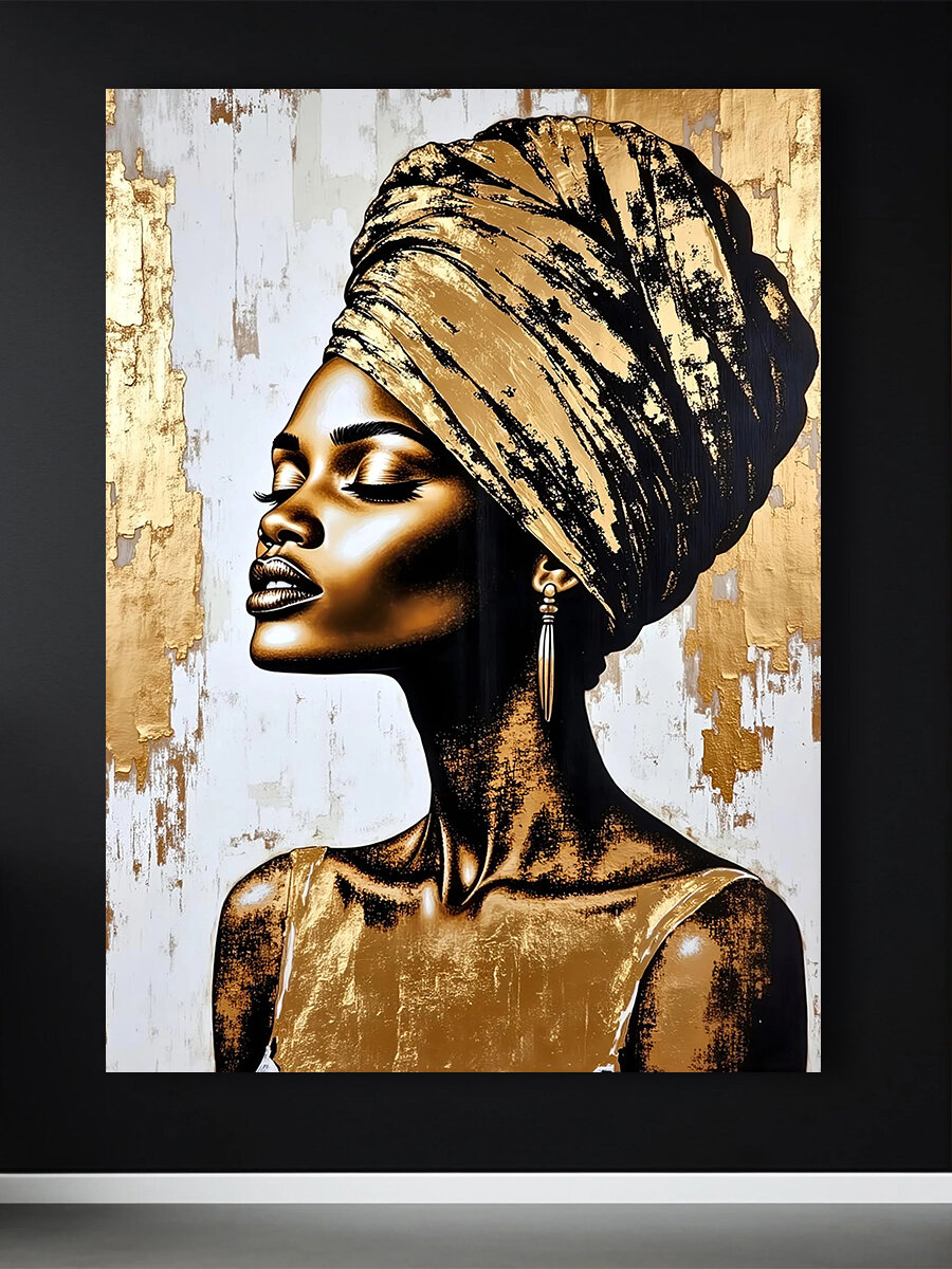 Картина интерьерная на стену - "Девушка негритянка с золотом, лицо женщины" , 60х80 см.