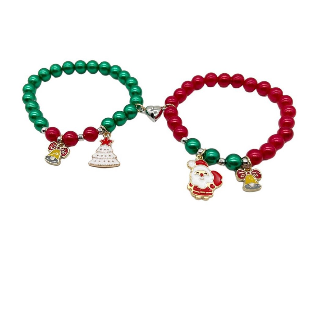 2 парных браслета с бусинами и магнитным сердечком, рождественская елка и Санта