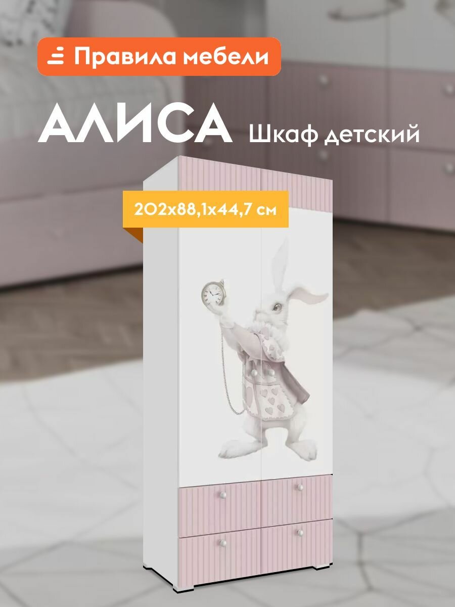 Распашной шкаф для одежды и хранения вещей, детский Алиса со штангой, с ящиками, с рисунком, 88.1х44.7х202 см, Розовый / Белый