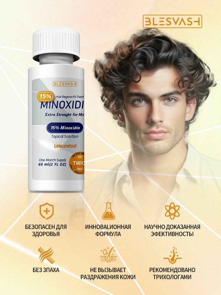 Лосьон для роста волос и бороды 15% + мезороллер + сыворотка против выпадения волос (от облысения) + бустер-активатор роста, 60 мл, 1 флакон