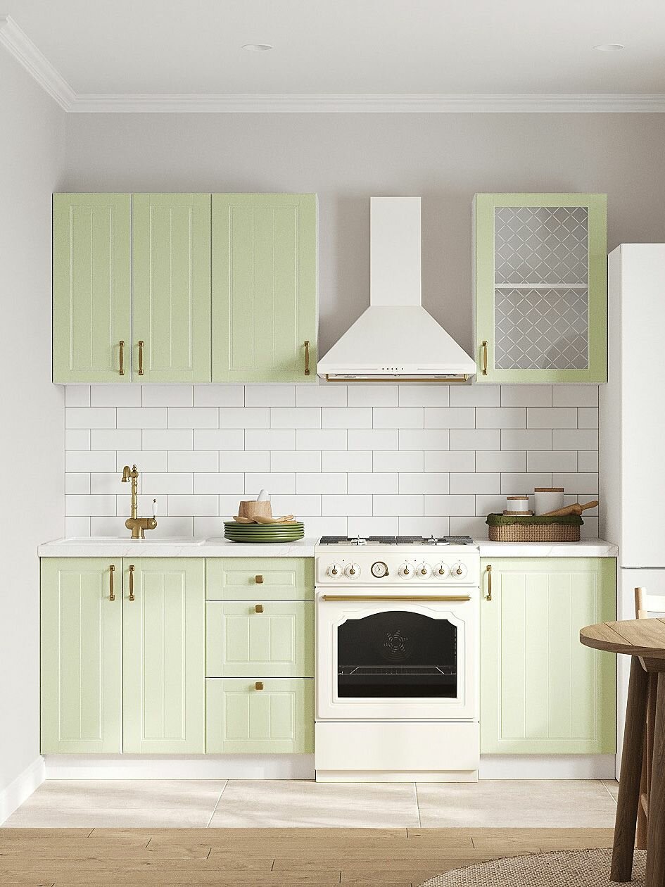 Кухонный гарнитур Флоренс 1.5 м, мебель для дома и кухни, Белый / Фисташковый структурный со стеклом