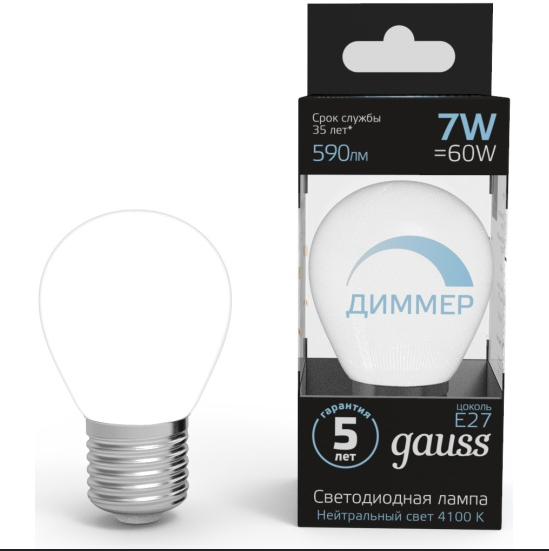 Лампа светодиодная Gauss 105102307-D 7Вт цок: E27 шар 150B 6500K св. свеч. бел. хол. (упак:1шт)