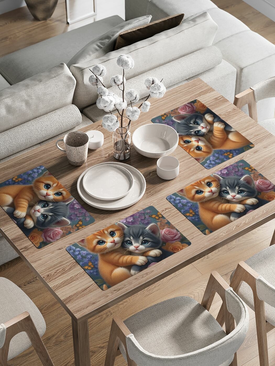 Салфетки на стол сервировочные "Котята в розах" / плейсмат на кухню, 30x46 см, JoyArty
