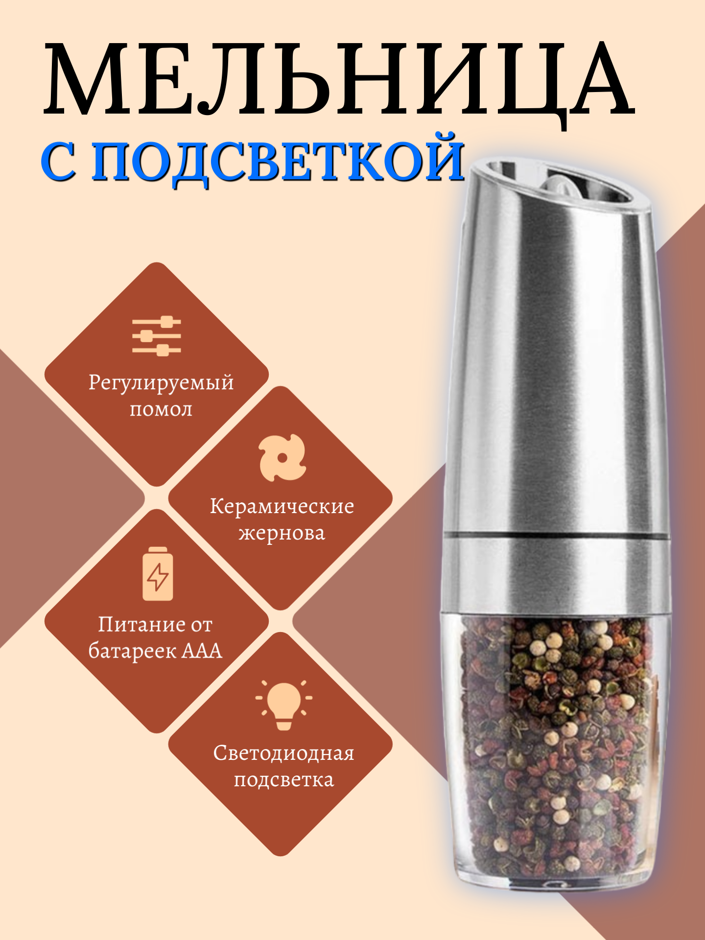 Мельница для специй, гравитационная для соли и перца электрическая с подсветкой автоматическая