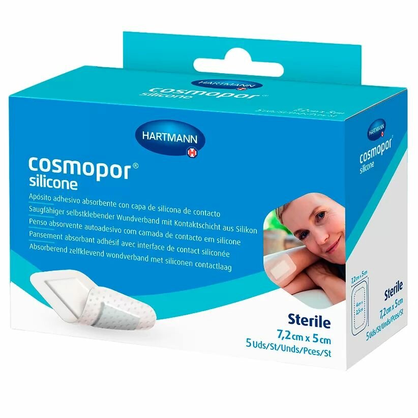 Повязка пластырного типа на рану впитывающая стерильная Paul Hartmann Cosmopor Silicone 9011110 нетканый с контактным слоем из силикона 7,2х5 см 5 шт
