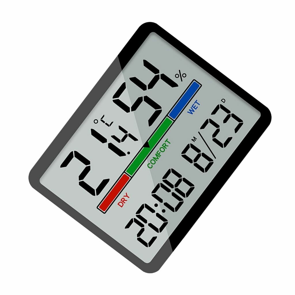 Цифровые настенные часы с большим дисплеем, датой и температурой, датчиком влажности. Идеально подходят для использования дома в офисе. Работает от батареи.