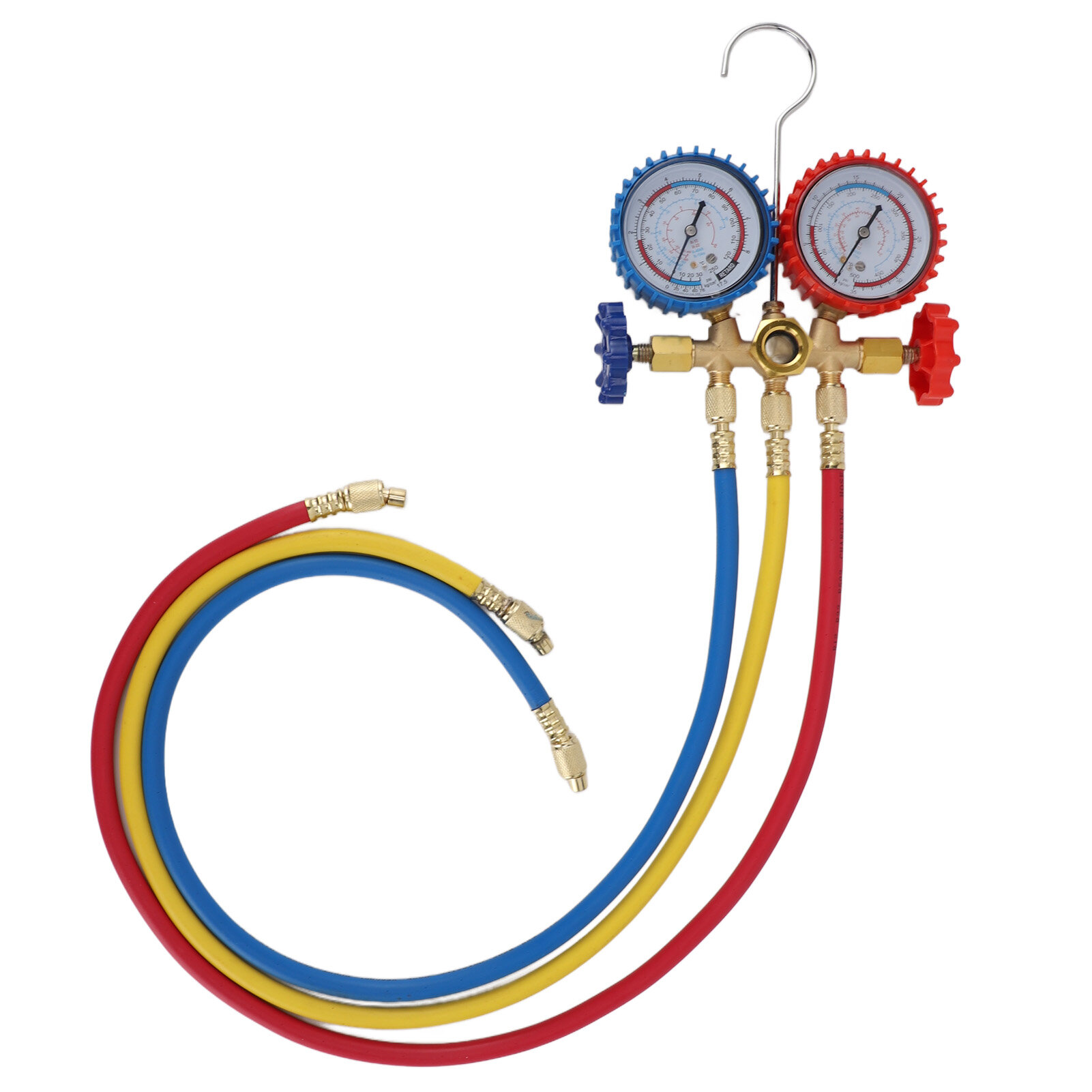 Комплект двухголовочных вакуумных манометров для диагностики кондиционеров (R22 R12 R404 R134) с защитой от ударов.