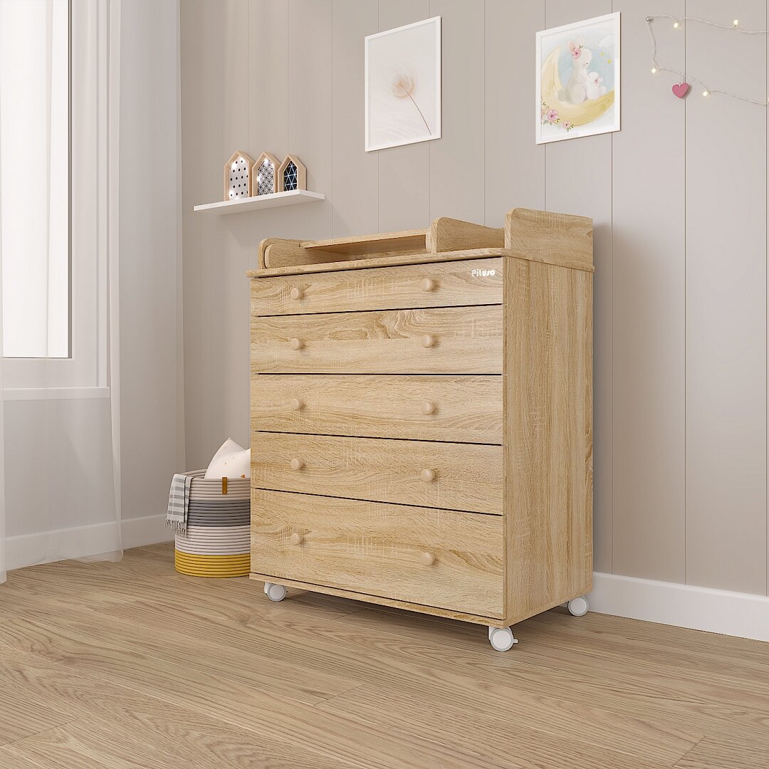 Комод Pituso TORI, с раскладным столиком, 5 ящиков, дуб сонома, бесшумные колесики